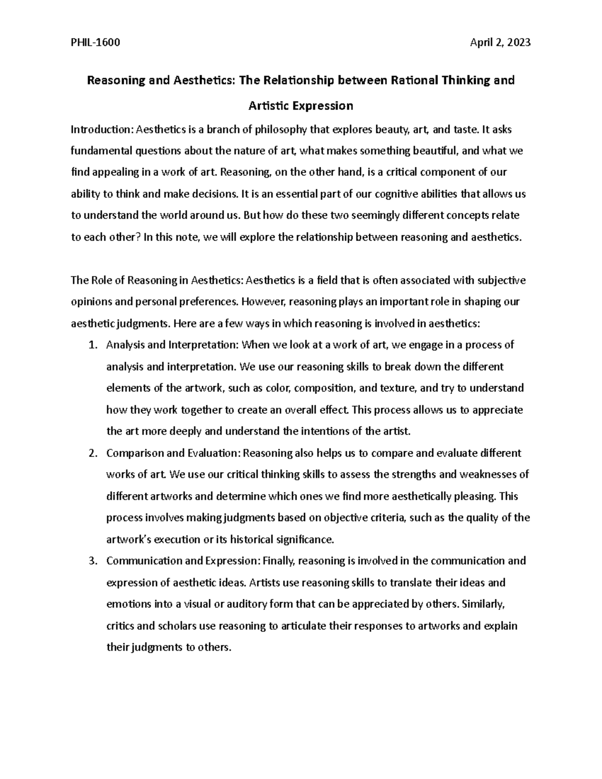 Reasoning and aesthetics - PHIL-1600 April 2, 2023 Reasoning and ...