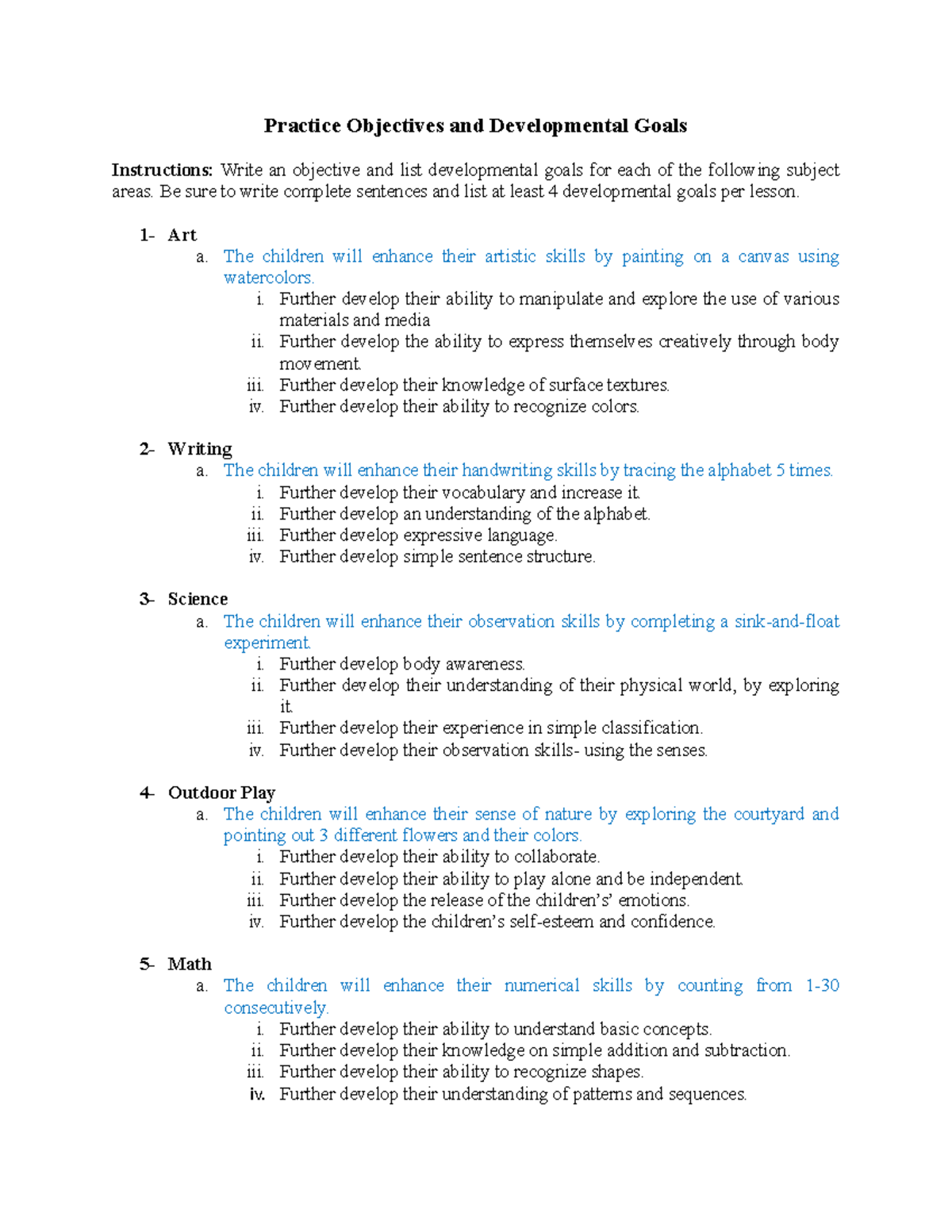 Practice Objectives and Developmental Goals - Practice Objectives and ...