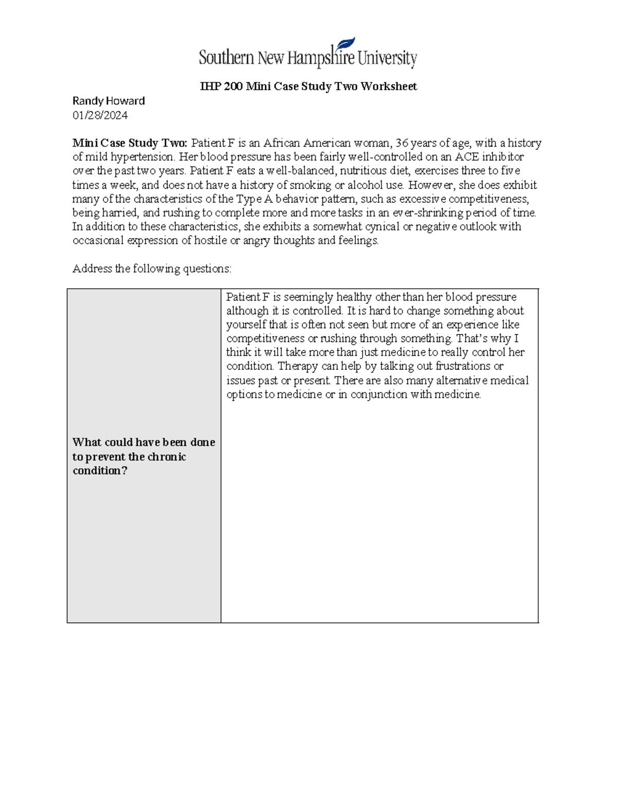 Ihp200 mini case study two worksheet - IHP 200 Mini Case Study Two ...