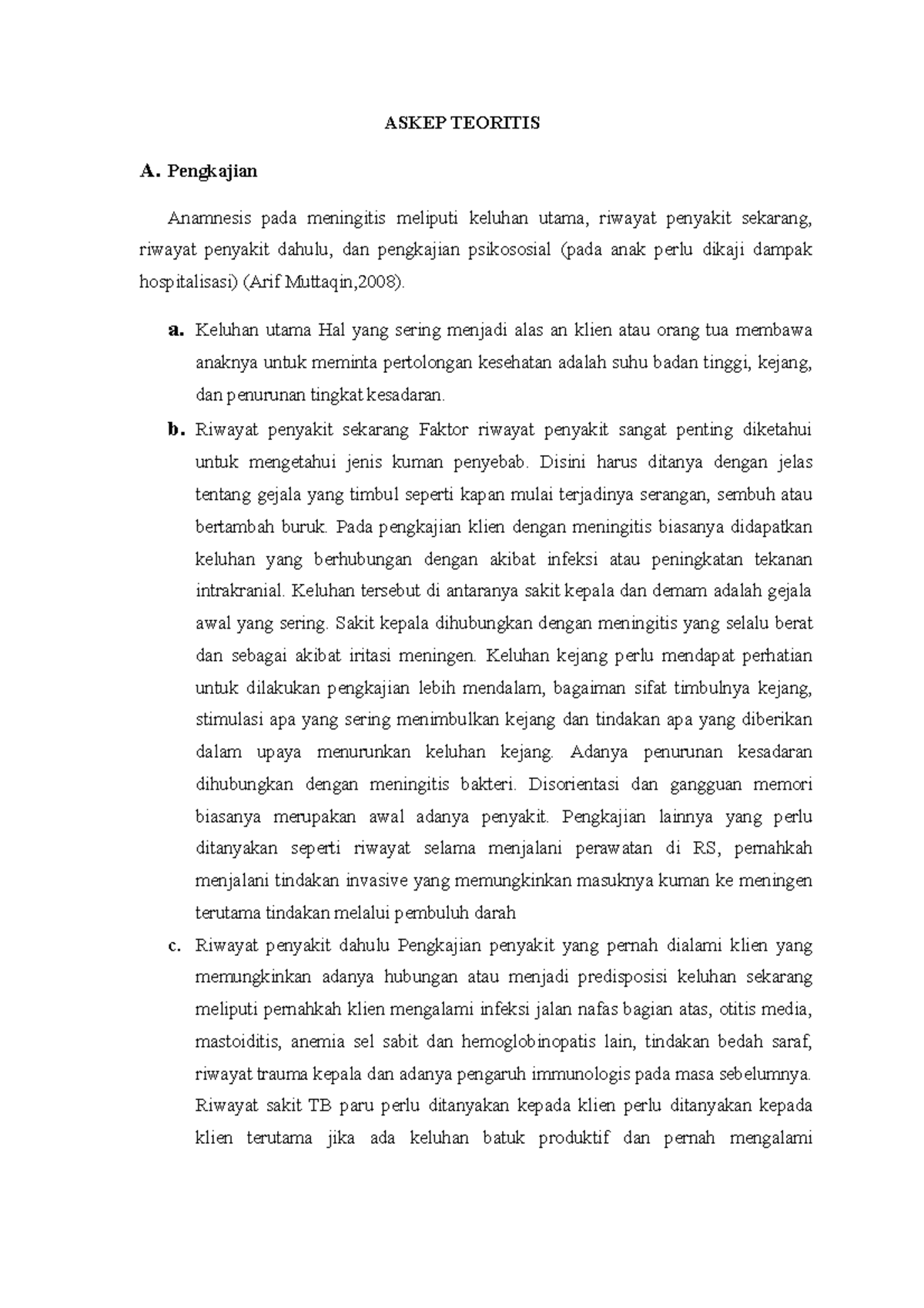 Askep Teoritis Meningitis KMB - ASKEP TEORITIS A. Pengkajian Anamnesis ...