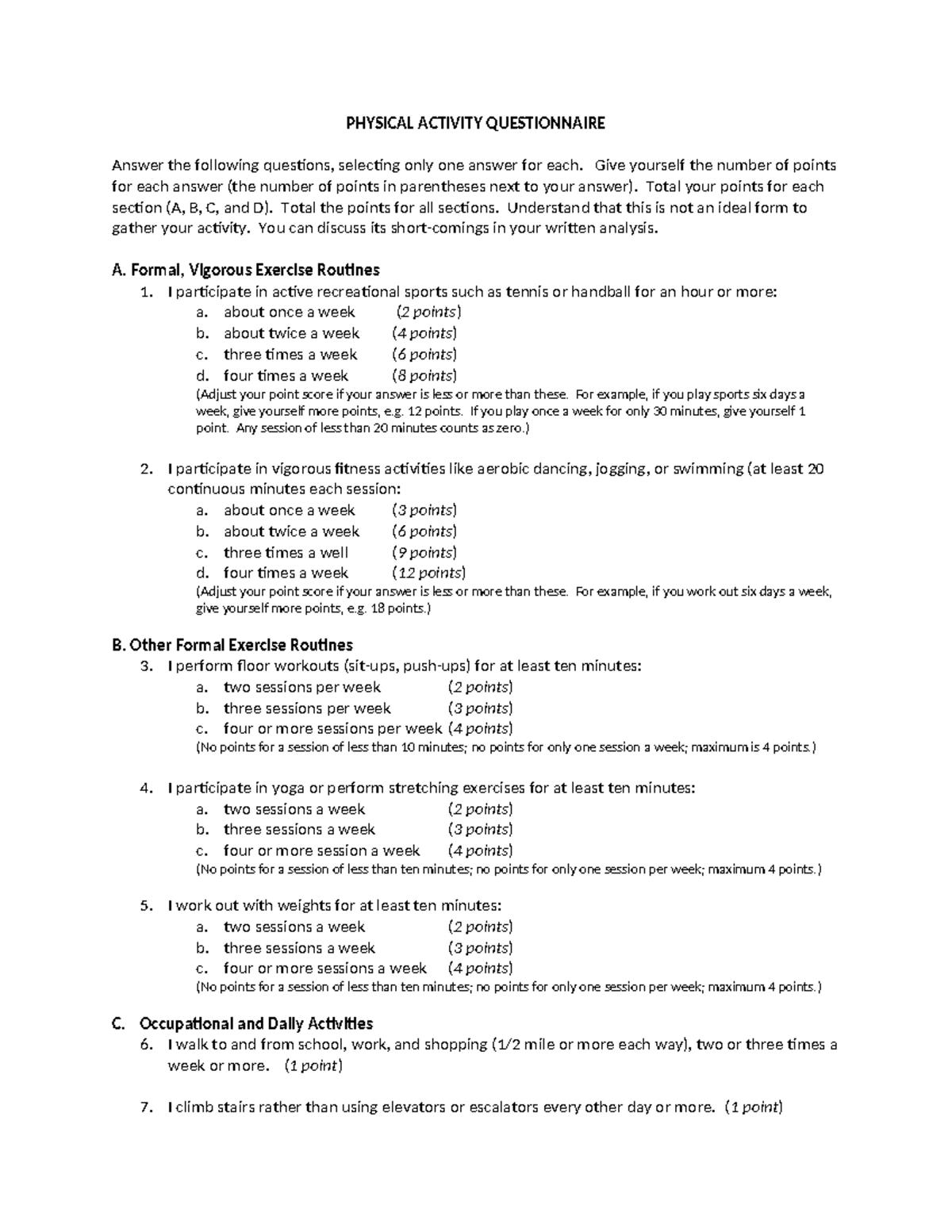 Physical Activity Questionnaire - PHYSICAL ACTIVITY QUESTIONNAIRE ...