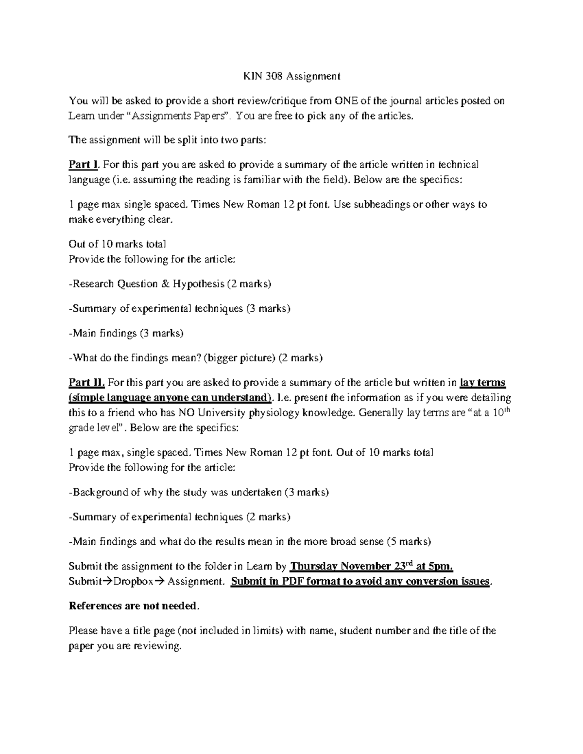 KIN 308 Assignment - KIN 3 08 Assignment You will be asked to provide a ...