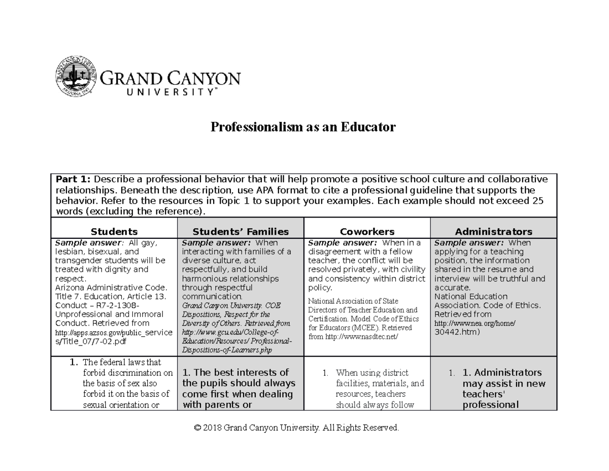 Professionalism as an Educator - Beneath the description, use APA ...
