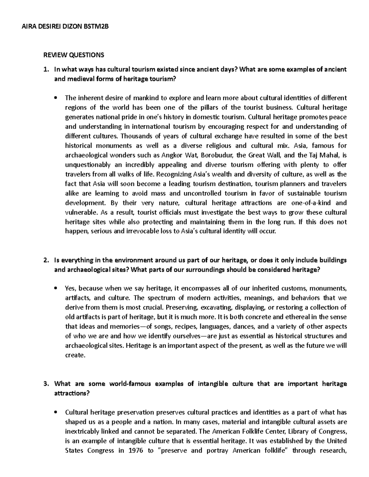 Heritage+tourism-+module+1 - AIRA DESIREI DIZON BSTM2B REVIEW QUESTIONS ...