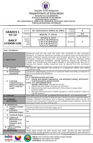 January 9, 2024-Tuesday-Daily Lesson Log G8 TLE- Performance TASK ...