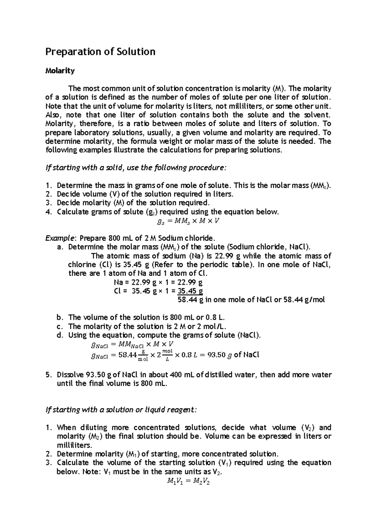 1 - Module - Preparation of Solution Molarity The most common unit of ...