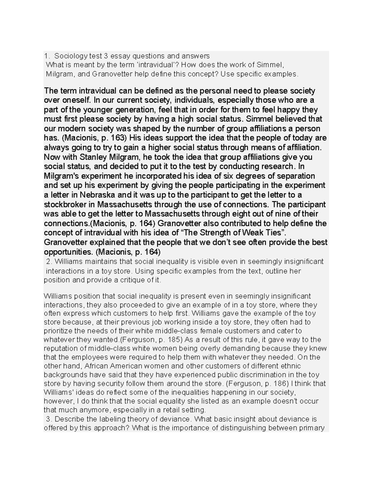 Test 3 Sociology Answers - 1. Sociology test 3 essay questions and ...