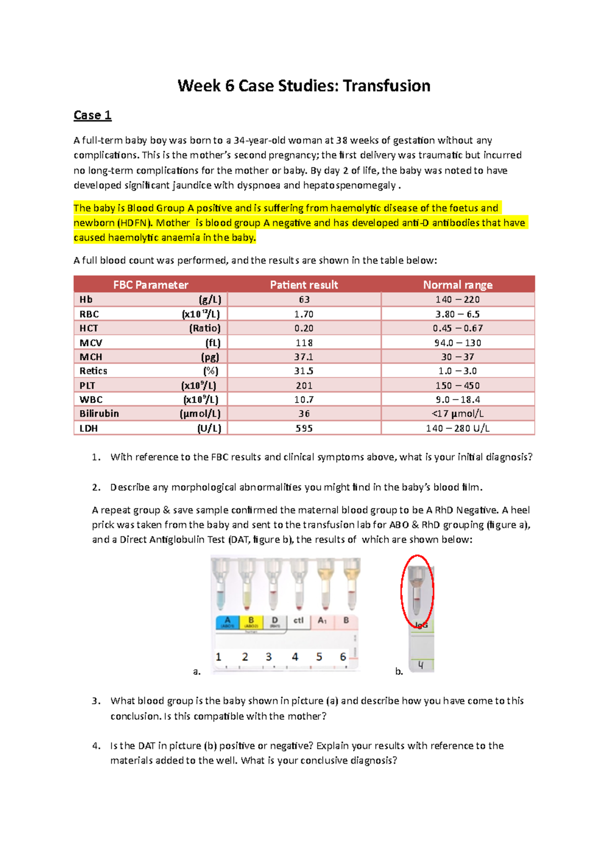 Transfusion Case Studies - Week 6 Case Studies: Transfusion Case 1 A ...