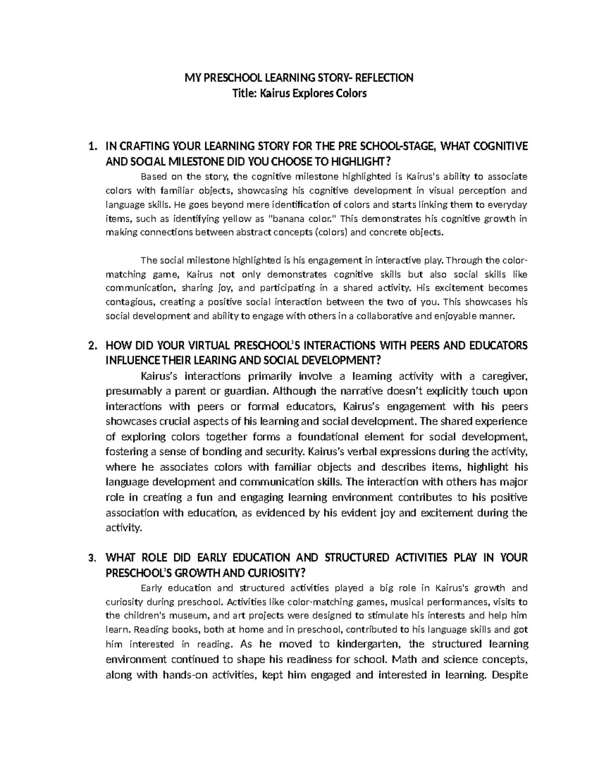 MY Preschool Learning Story- Reflection - MY PRESCHOOL LEARNING STORY ...