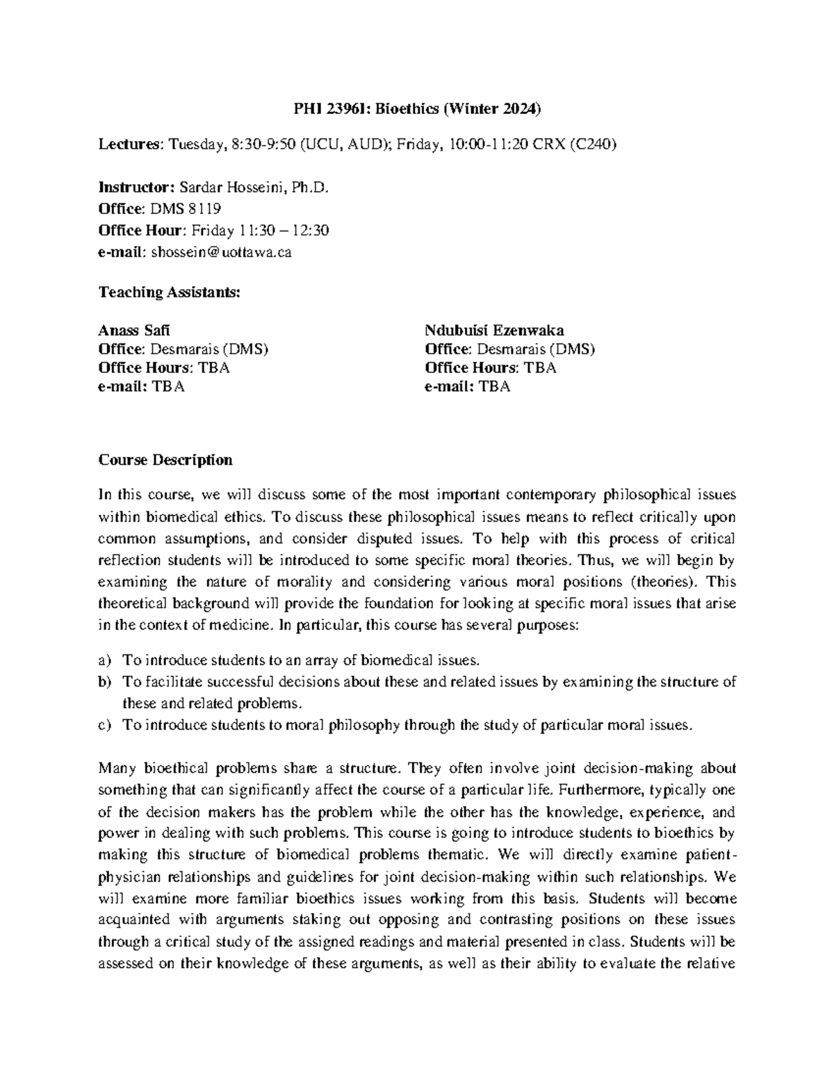 PHI 2396 Bioethics I Winter 2024 Syllabus - PHI 2396I: Bioethics ...