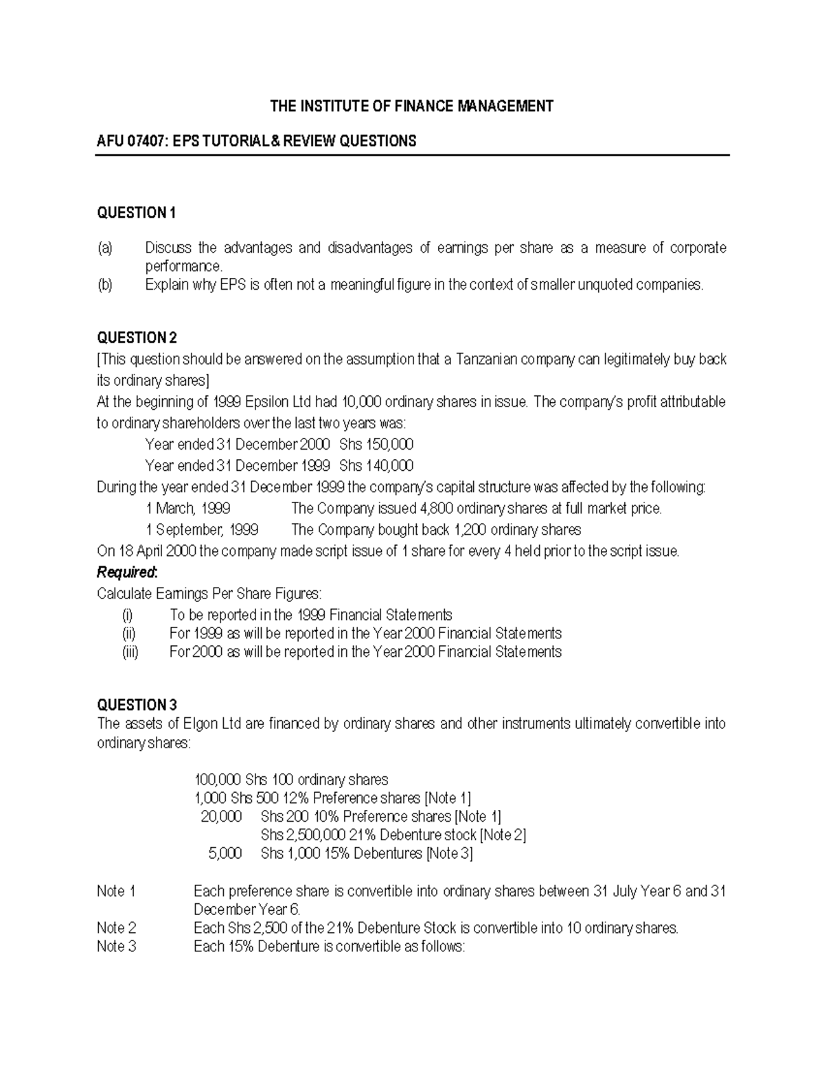 1619070015526 EPS Tutorial Questions - THE INSTITUTE OF FINANCE ...