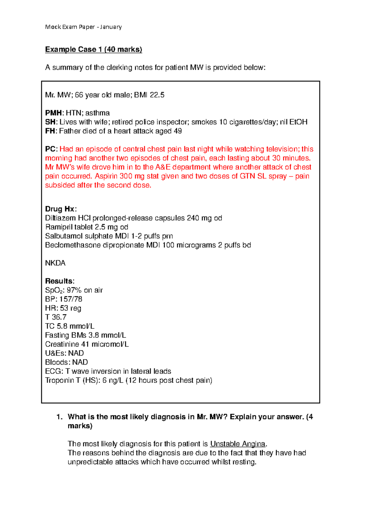 heart failure case study - Example Case 1 (40 marks) A summary of the ...