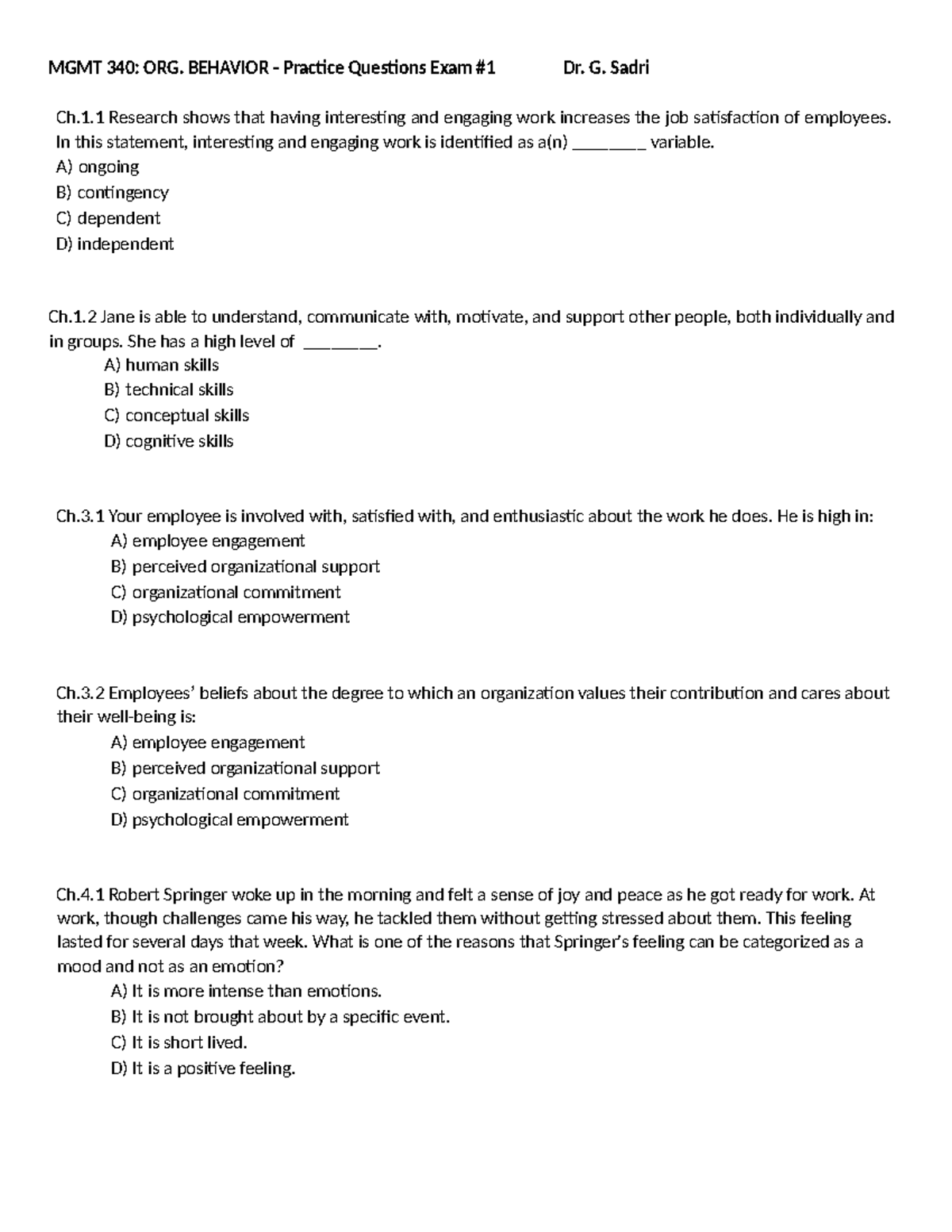 Practice Questions Exam1 340 - MGMT 340: ORG. BEHAVIOR - Practice ...