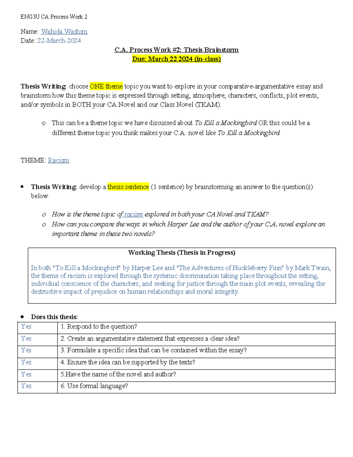 ENG3U CA PW 2 Thesis Brainstorm-1 - ENG3U CA Process Work 2 Name ...