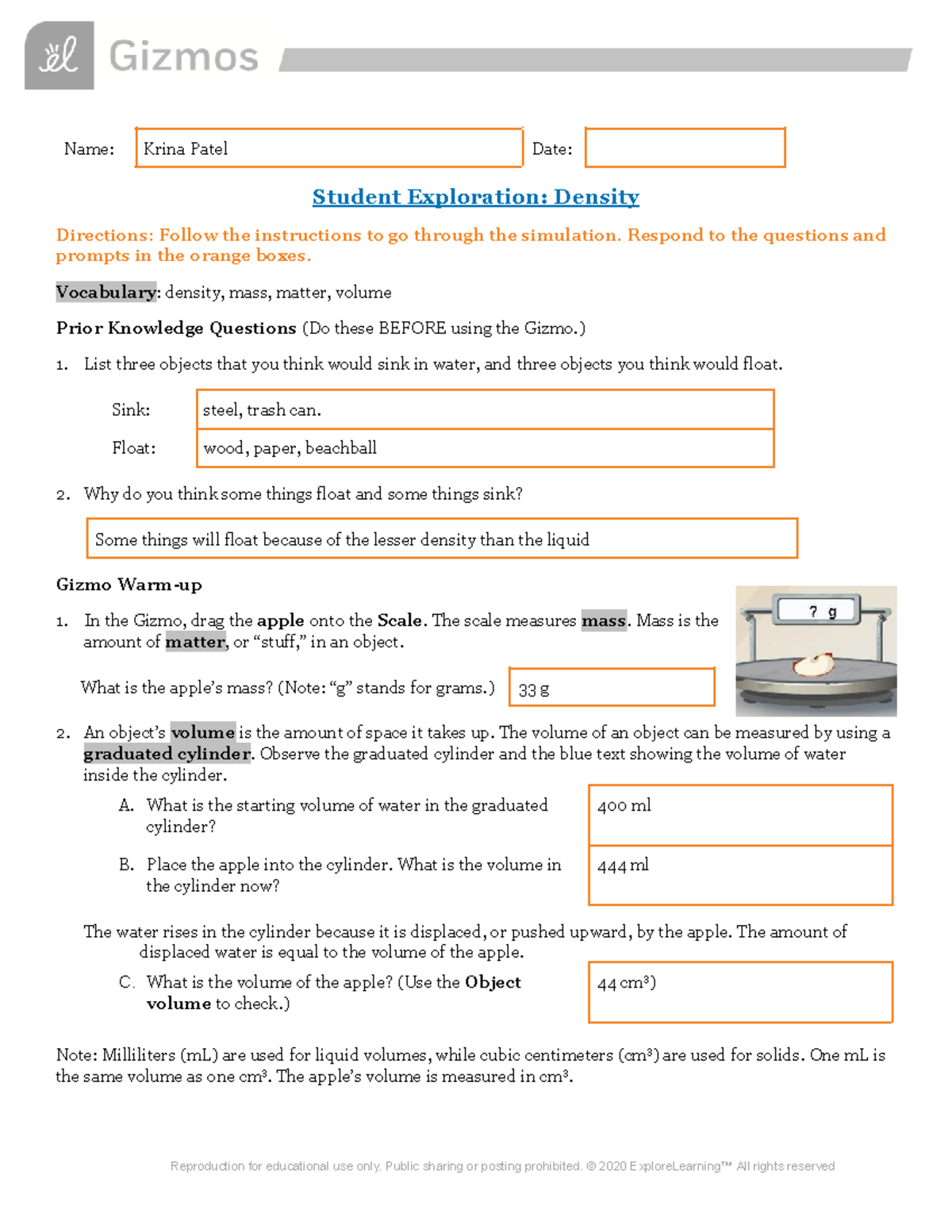 Krina Patel - Gizmos- Density - Name: Krina Patel Date: Student ...