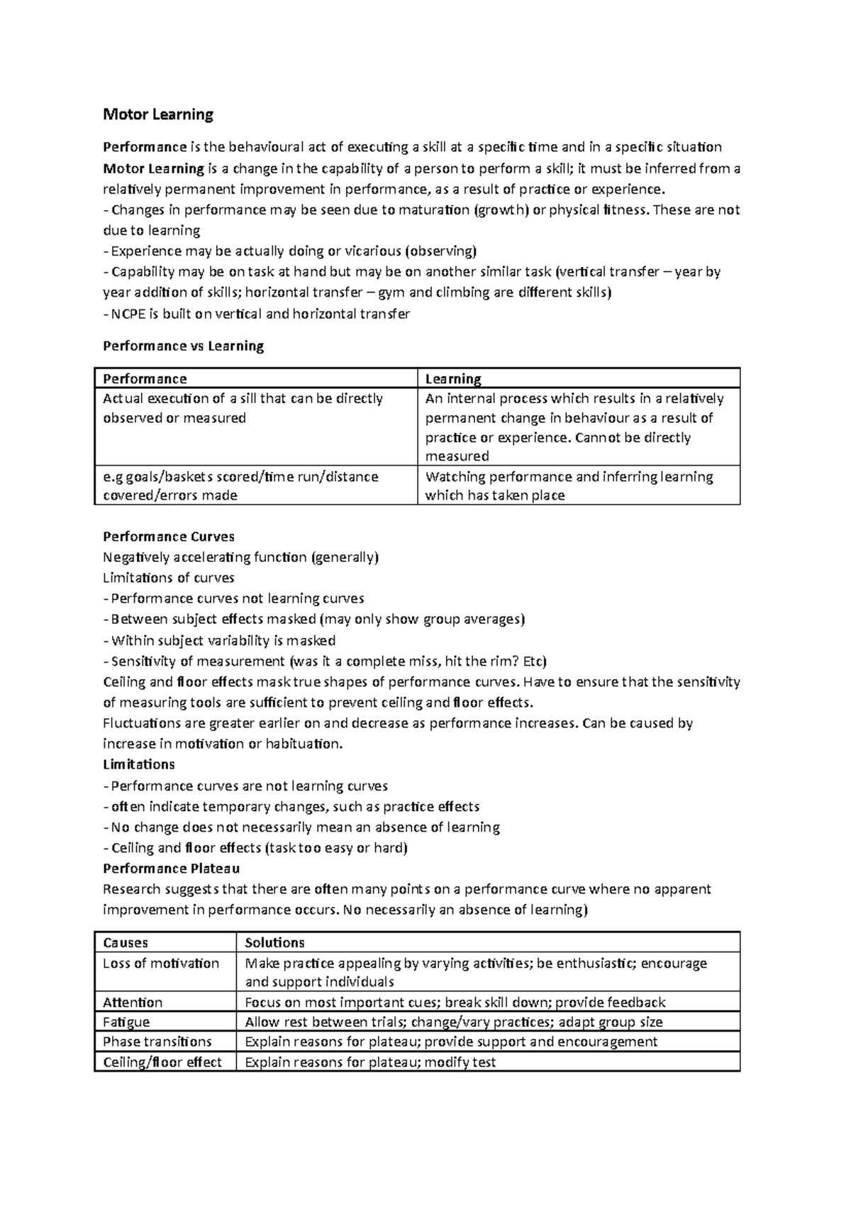 Lecture 8 Motor Learning - Motor Learning Performance is the ...