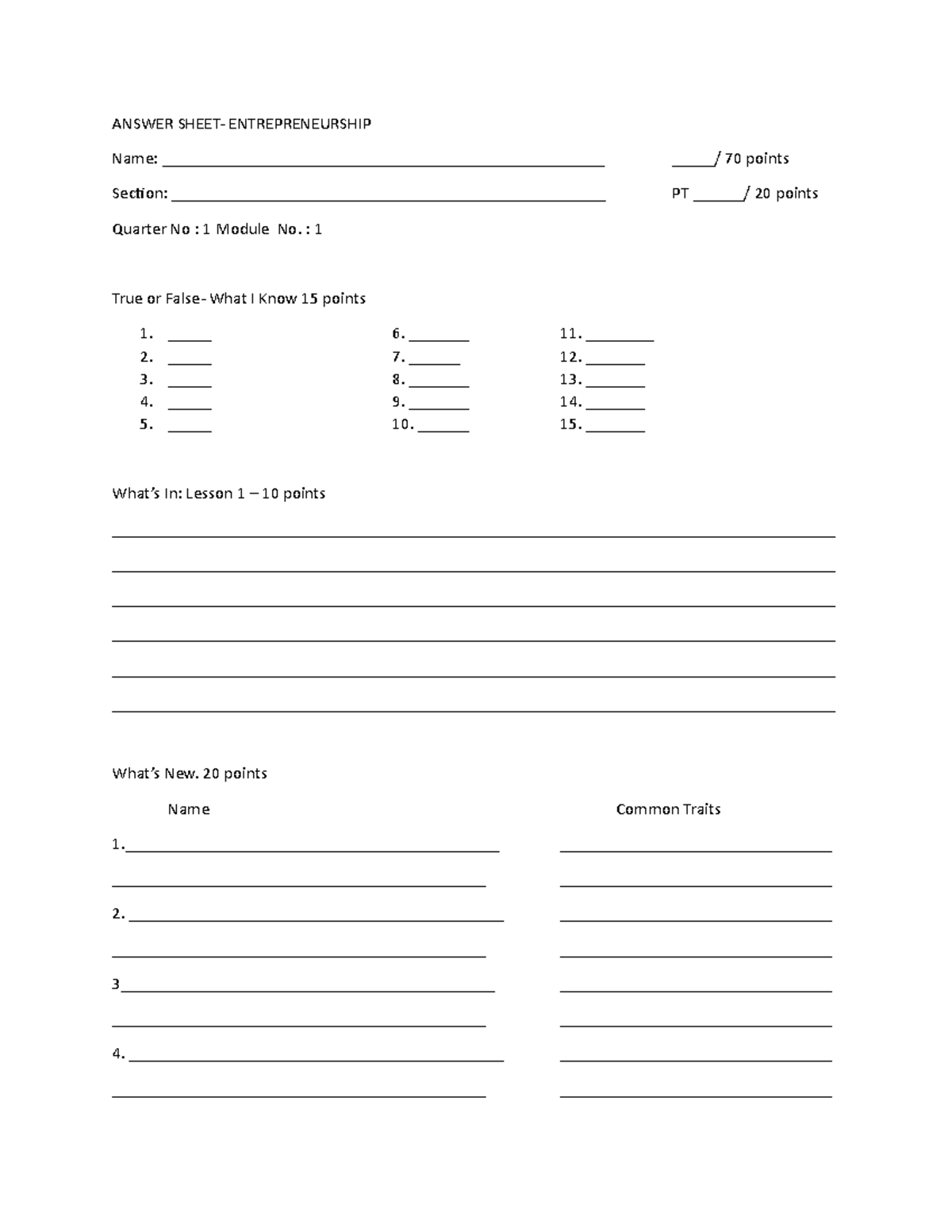 Answer Sheet Entrep Module 1 - English - Studocu