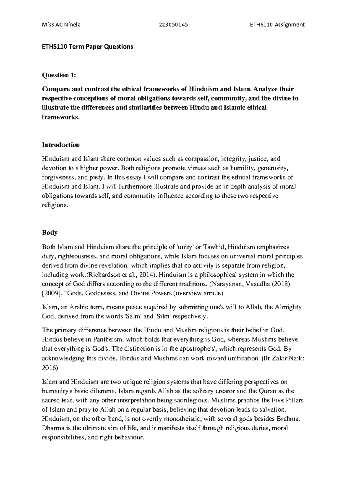 Ethics Essay - ETHS110 Term Paper Questions Question 1: Compare and ...