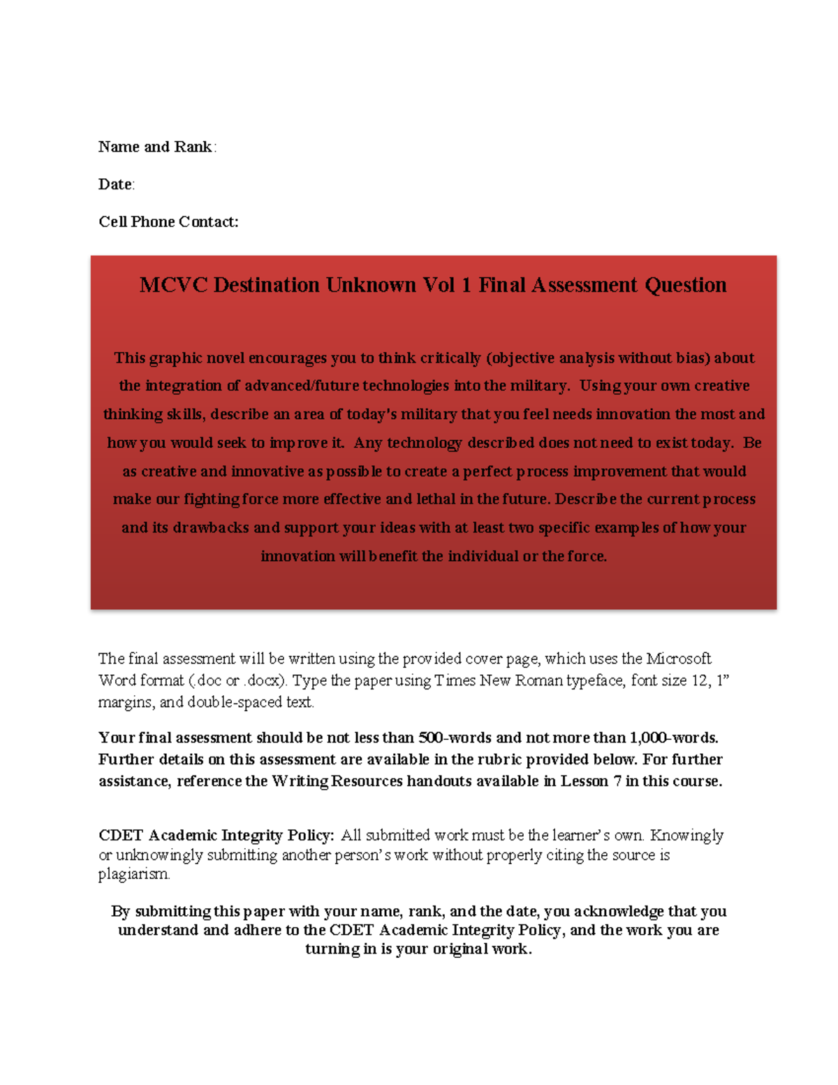 MCVC Destination Unknown Vol 1 Cover and Rubric - Name and Rank: Date ...