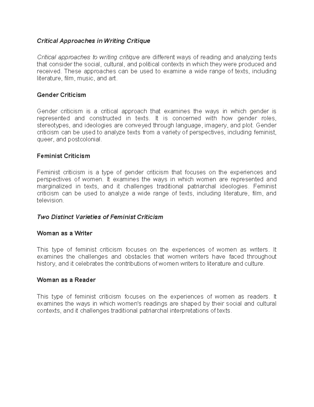 EAPP - Gender Criticism - Critical Approaches in Writing Critique ...