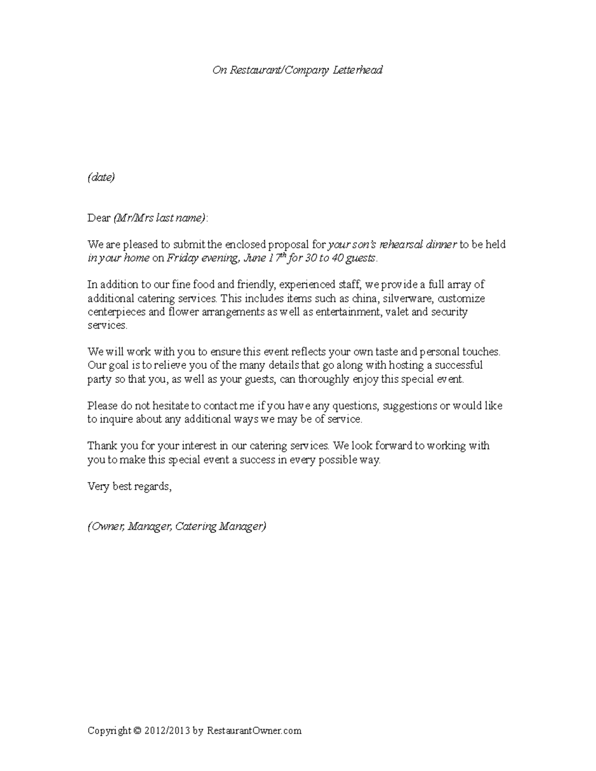 Catering Agreement Sample Letter - On Restaurant/Company Letterhead ...