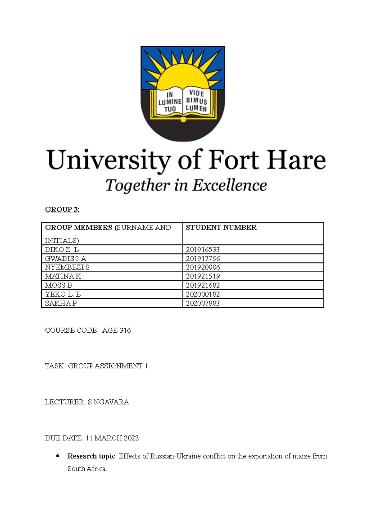 AGE316 group Assignment 1 - GROUP 3: GROUP MEMBERS ( SURNAME AND ...