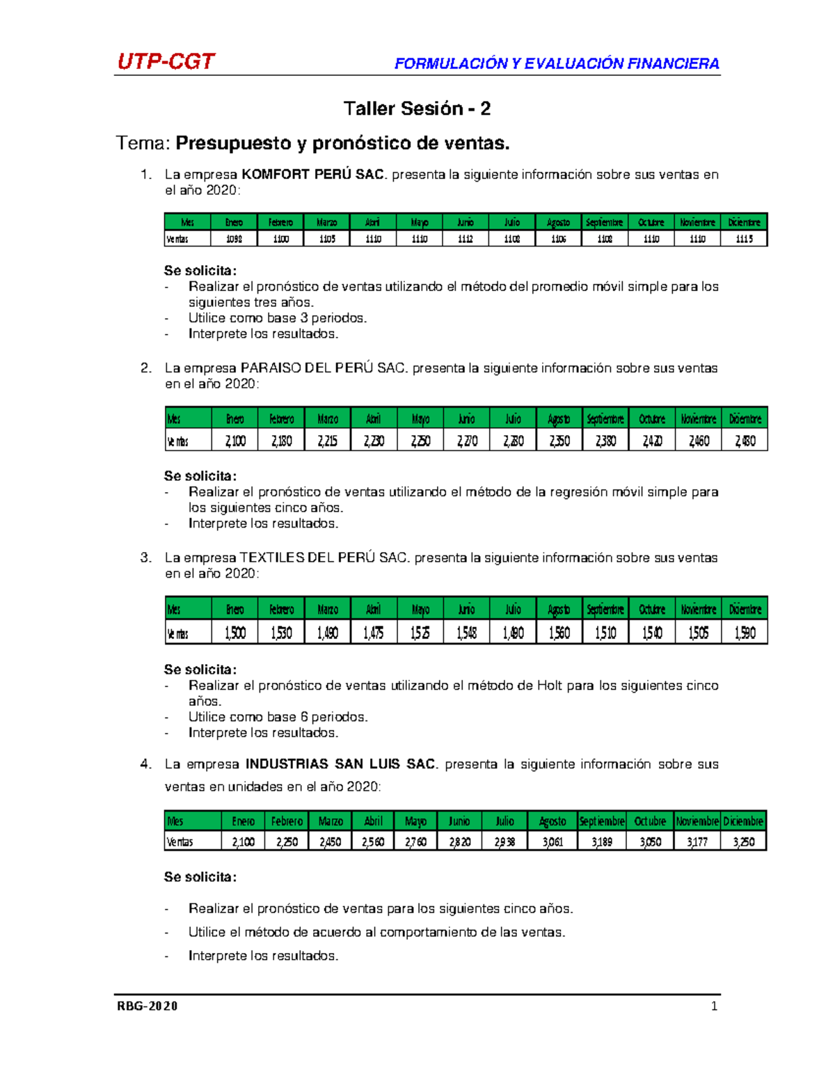 Taller N° 2 Pronostico ventas - 2020-II - Warning: TT: undefined function: 32 UTP-CGT ...