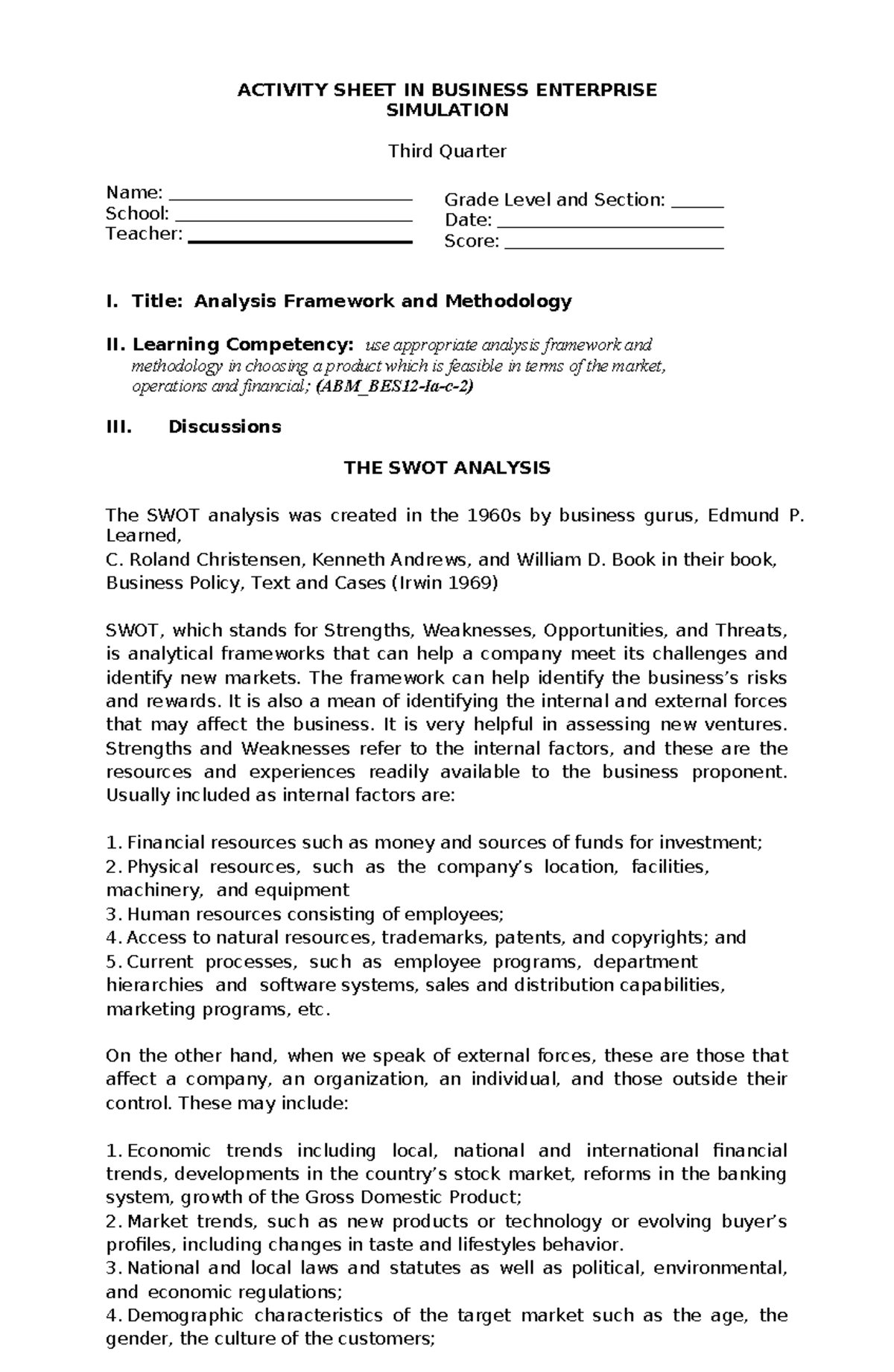 Use appropriate analysis framework and methodology in abm bes12 ia c 2 ...