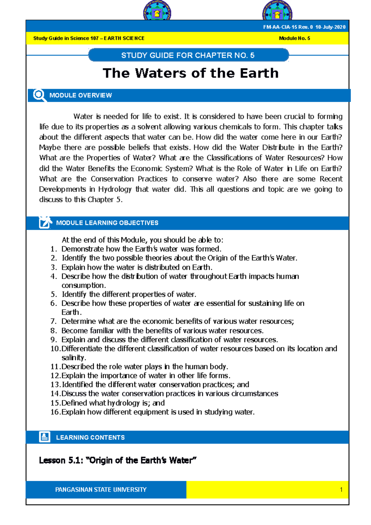 Study Guide Chap No.5- THE Waters OF THE Earth - The Waters of the ...