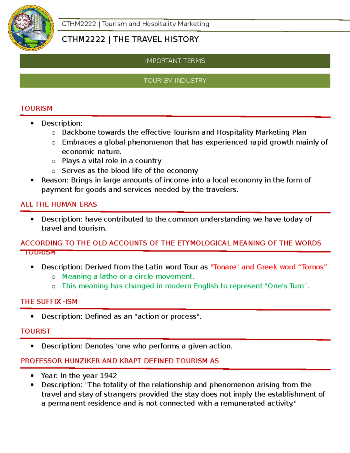 Marketing Reviewer - CTHM2222 | THE TRAVEL HISTORY TOURISM Description ...