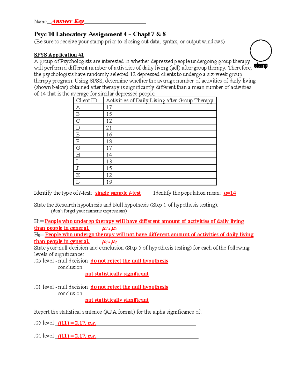 Solutions Lab Assign 4 Ch7 8 - Name__Answer Key__________________________ Psyc 10 Laboratory ...