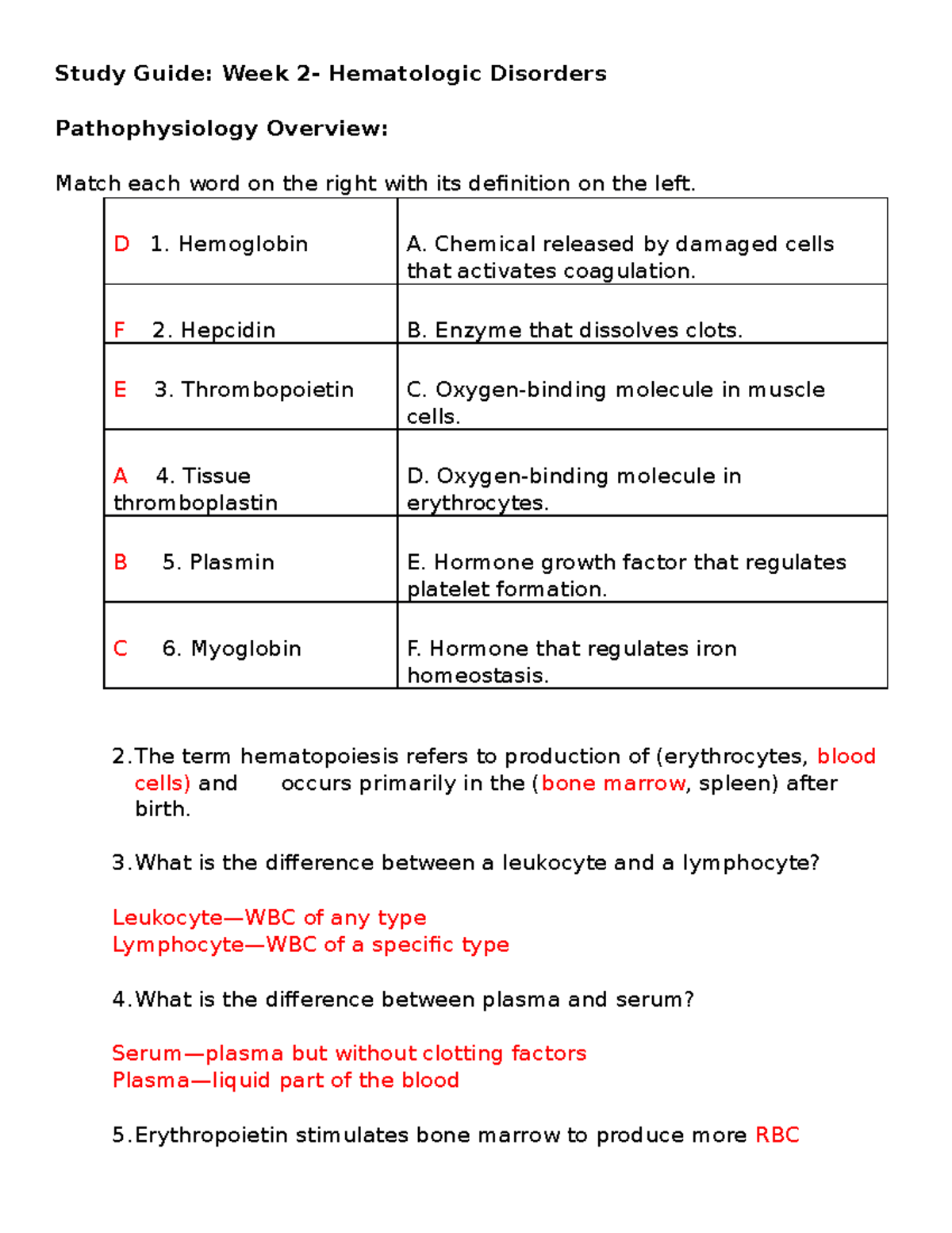 Study Guide Week 2- Hematologic Disorders-1 - Study Guide: Week 2 ...