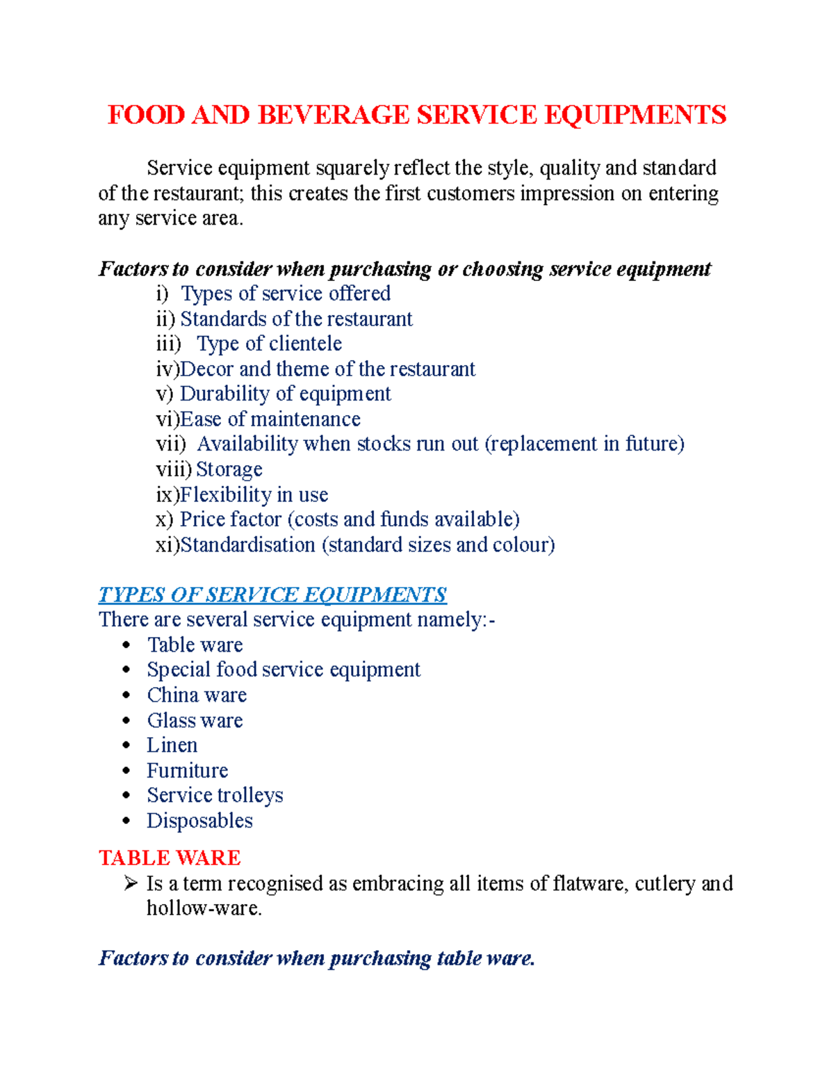 FOOD AND Beverage Service Equipments FOOD AND BEVERAGE SERVICE
