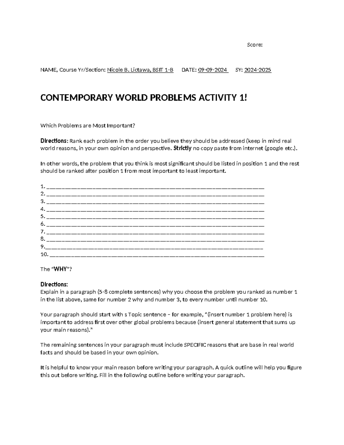 GE5 Activity - contemporary world - Score: NAME, Course Yr/Section ...