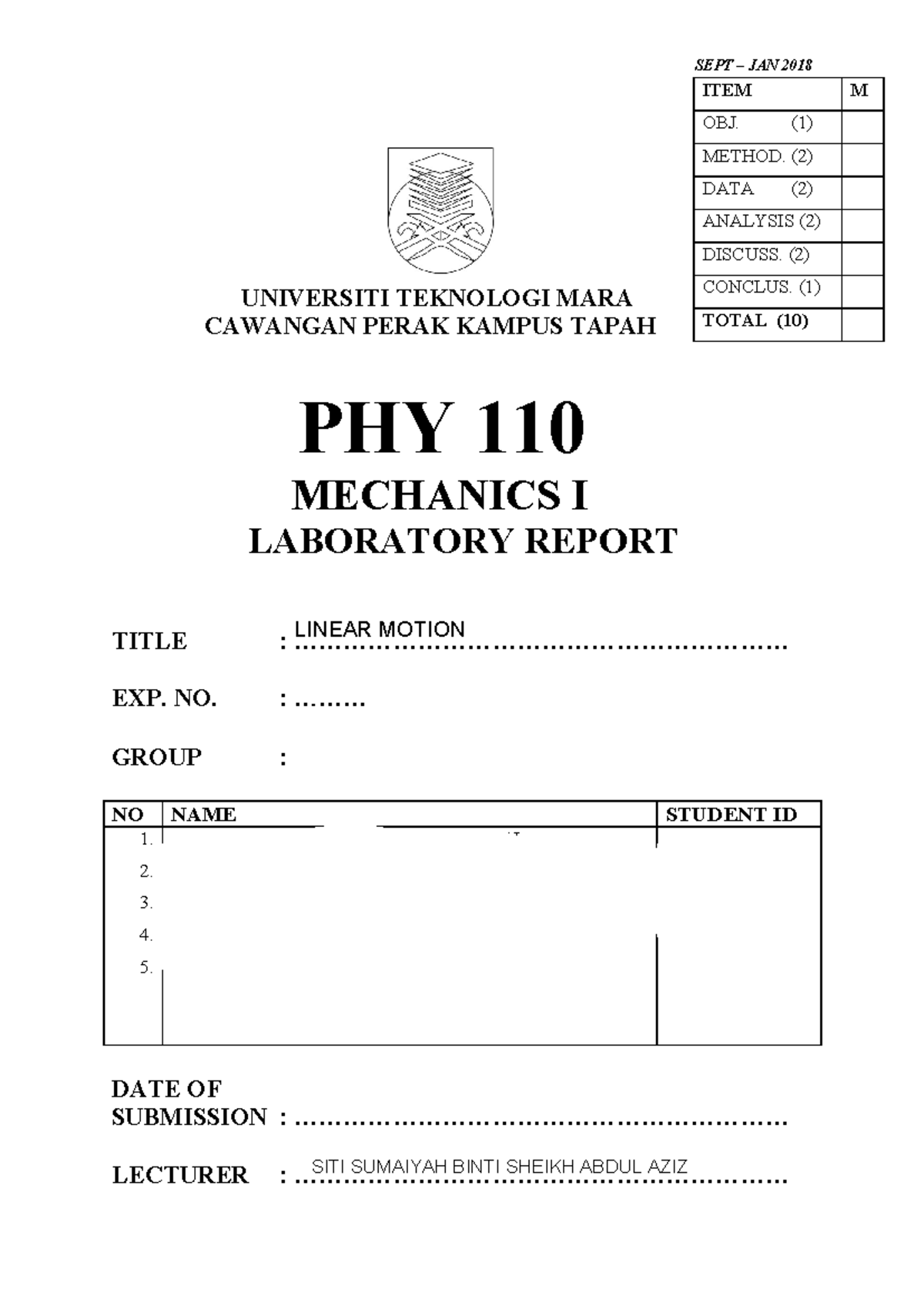 PHY110 Lab Report exp 4 - UNIVERSITI TEKNOLOGI MARA CAWANGAN PERAK KAMPUS TAPAH PHY 110 ...