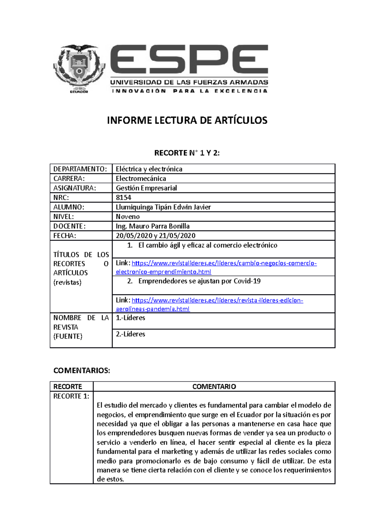 Informe Lectura de Artículos Llumiquinga Edwin - INFORME LECTURA DE ...