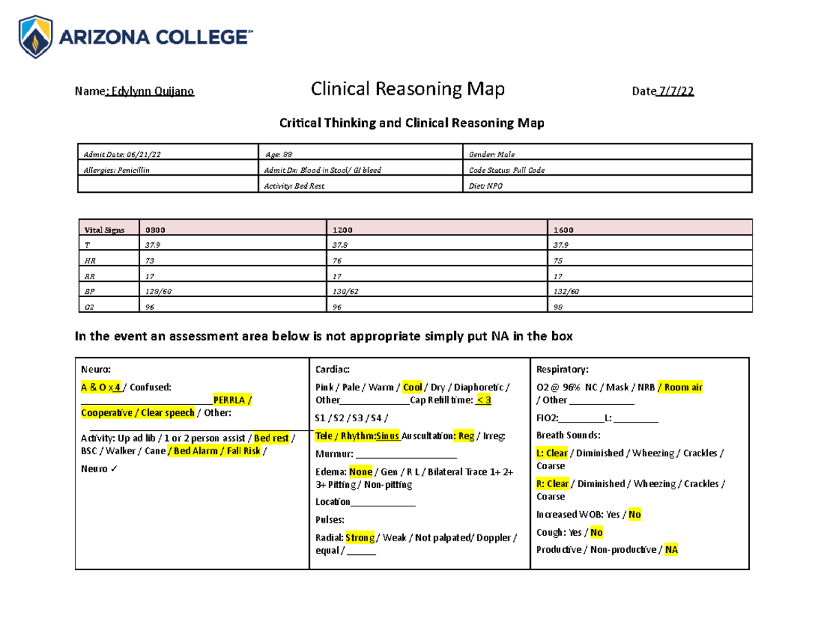 Critical Thinking Map Adult Health-Centennial 2 - Name: Edylynn Quijano ...