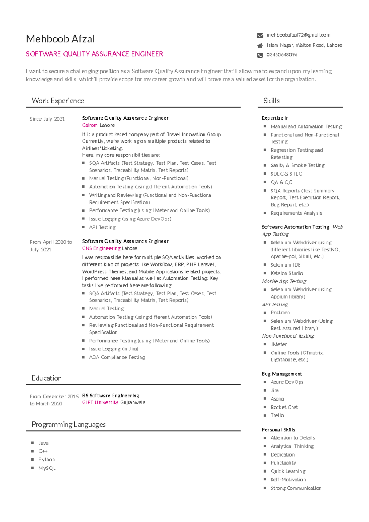 CV 2022-05-26 Mehboob Afzal - / Since July 2021 Software Quality ...