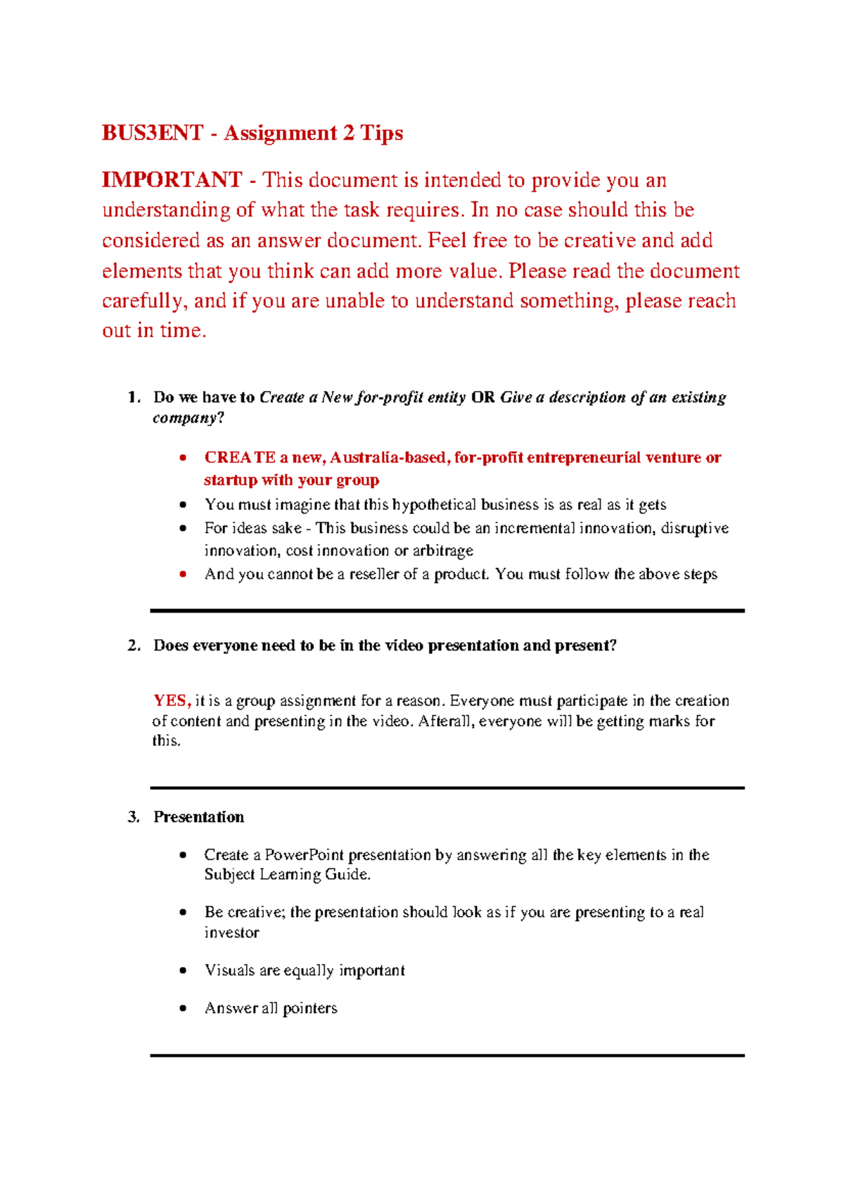 Assignment 2 Tips - Warning: TT: undefined function: 32 BUS3ENT - Assignment 2 Tips IMPORTANT ...