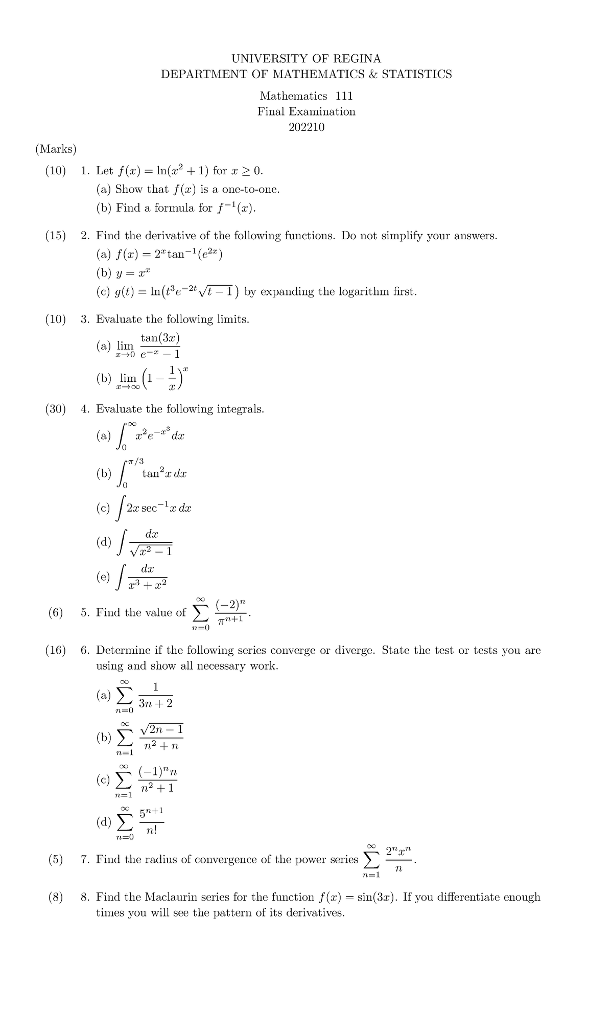 Math 111-W2022-Final-sol - UNIVERSITY OF REGINA DEPARTMENT OF ...