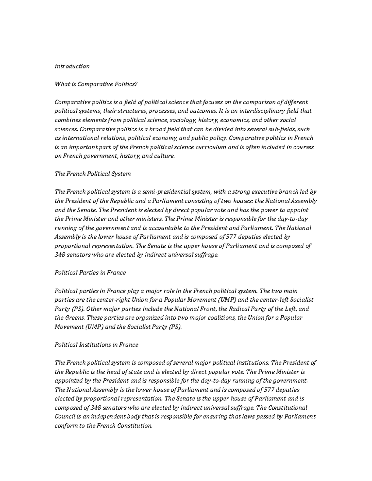 Comparative Politics Notes de cours - Introduction What is Comparative ...