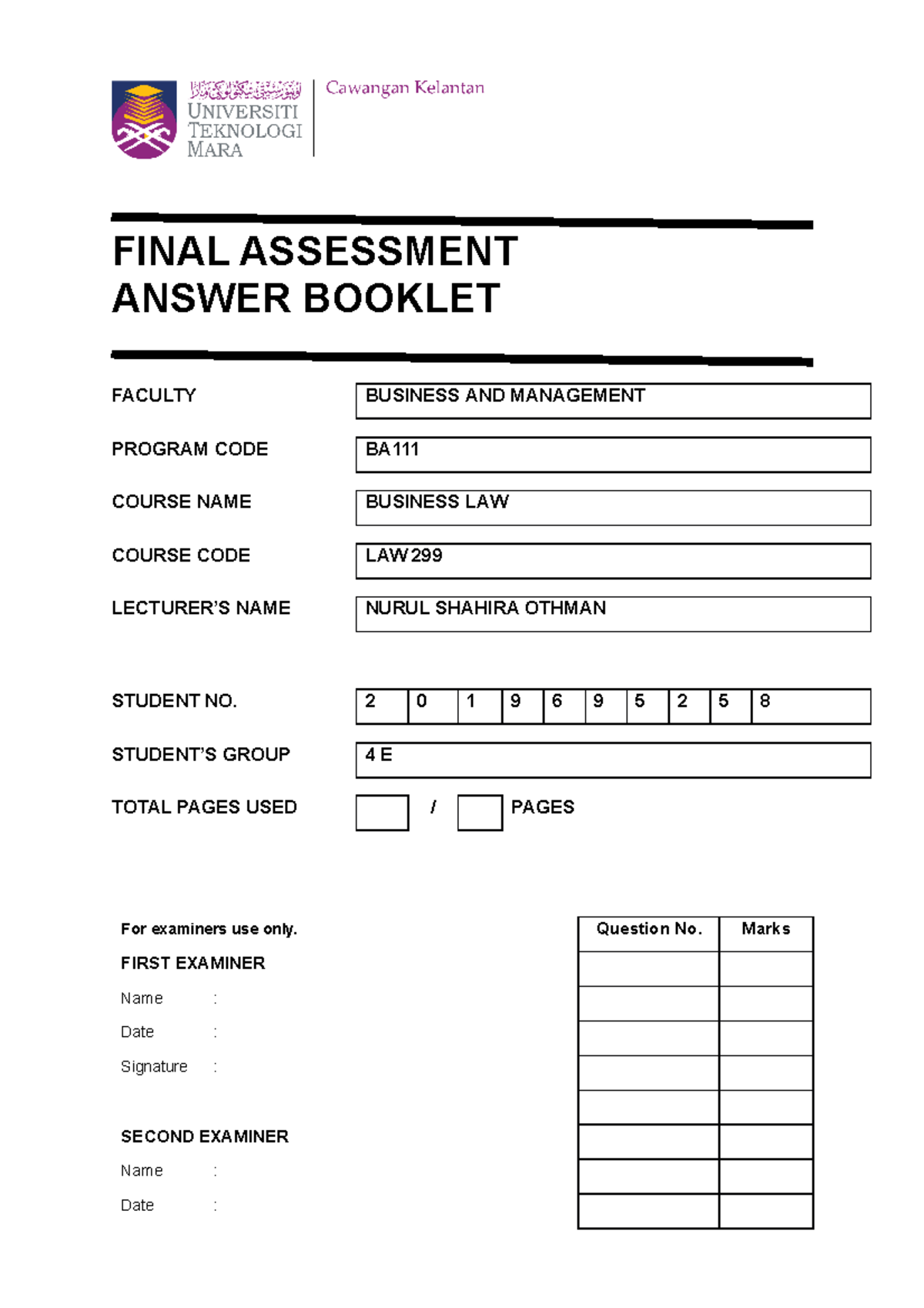 Template Jawapan Peperiksaan Akhir - FINAL ASSESSMENT ANSWER BOOKLET ...