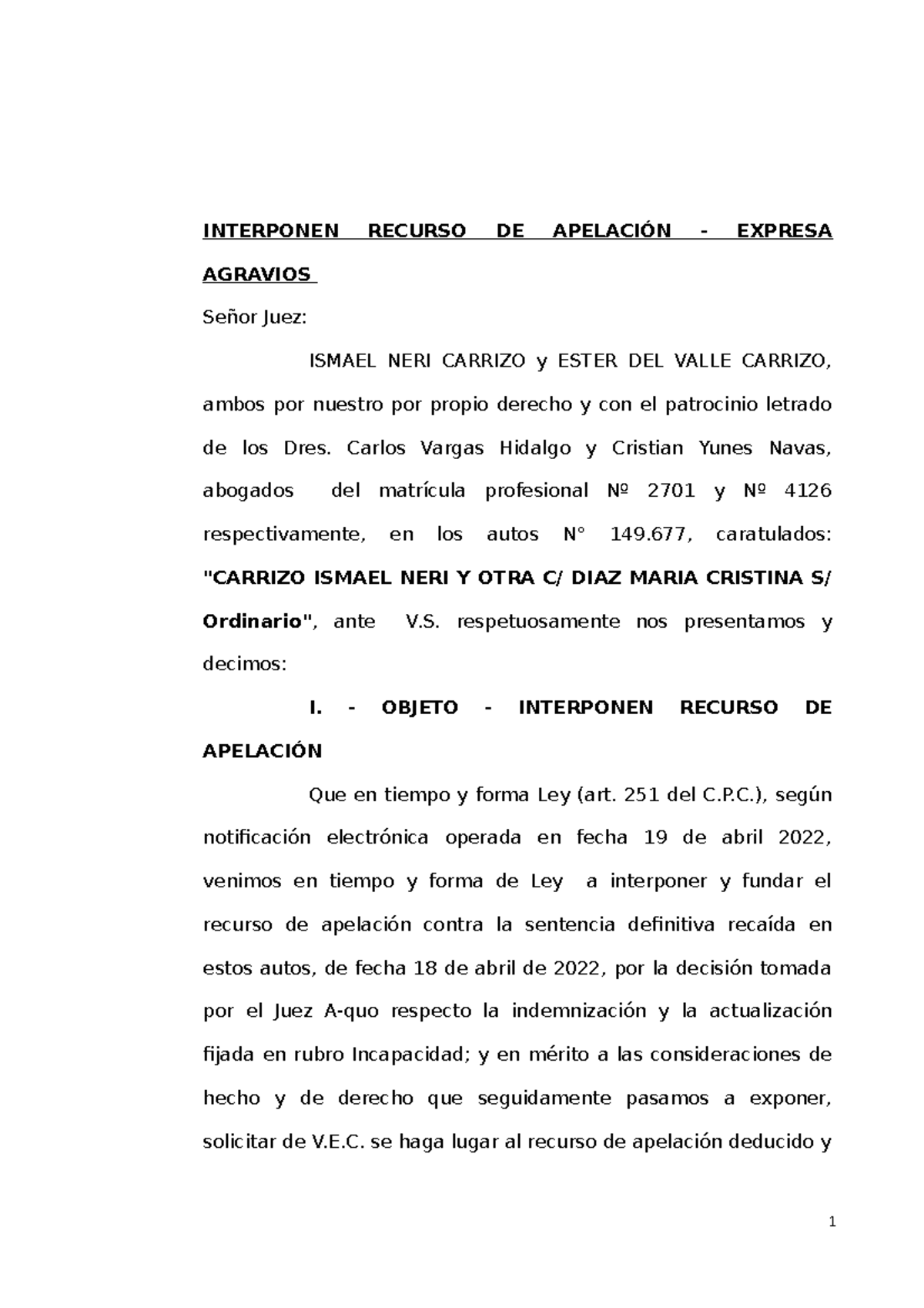 Recurso DE Apelación Expresion DE Agravios NERI Carrizo Y Ester DEL ...