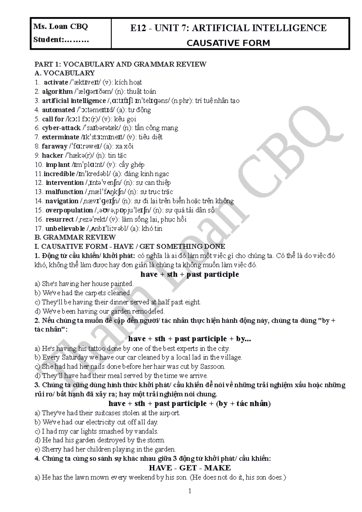 E12 - UNIT 7+ Causative FORM ( Chuyên ĐỀ -THỂ NHỜ BẢO) - Ms. Loan CBQ Student:......... E12 ...