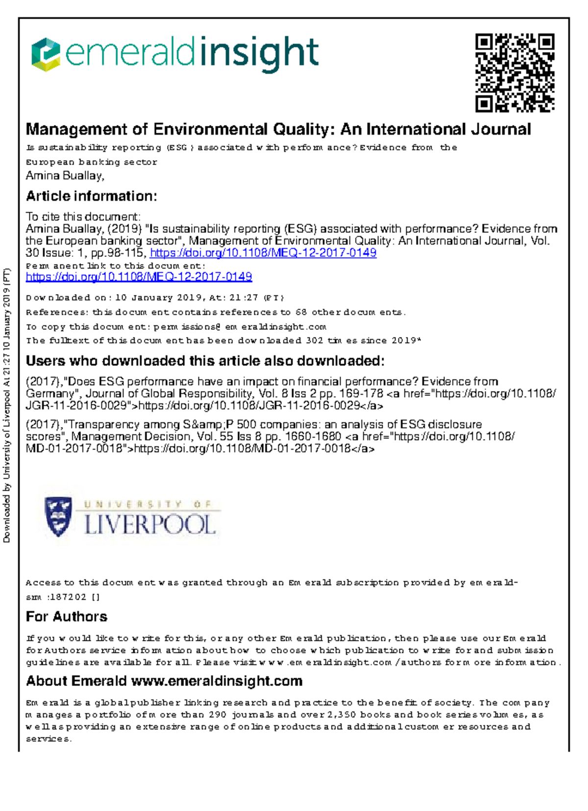 Is sustainability reporting (ESG) - 30 Issue: 1, pp-115, doi/10.1108 ...