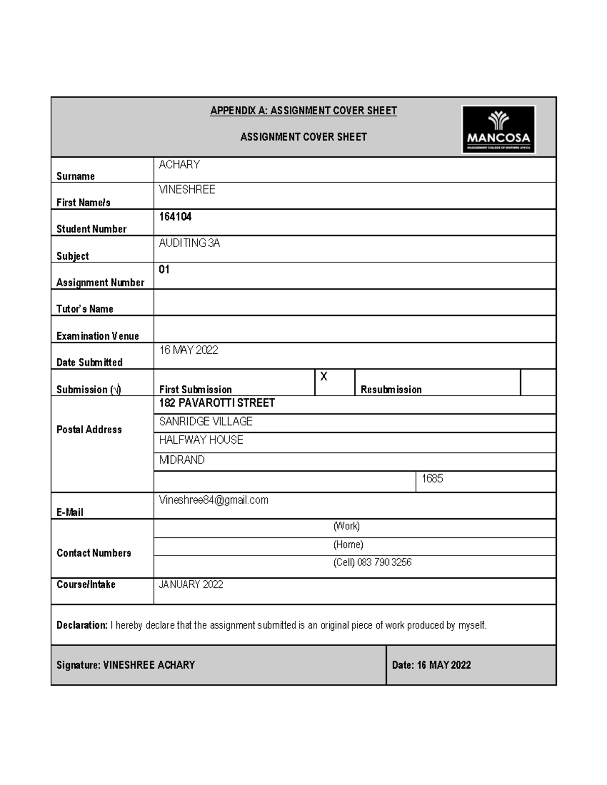 Assignment - case study - APPENDIX A: ASSIGNMENT COVER SHEET ASSIGNMENT ...