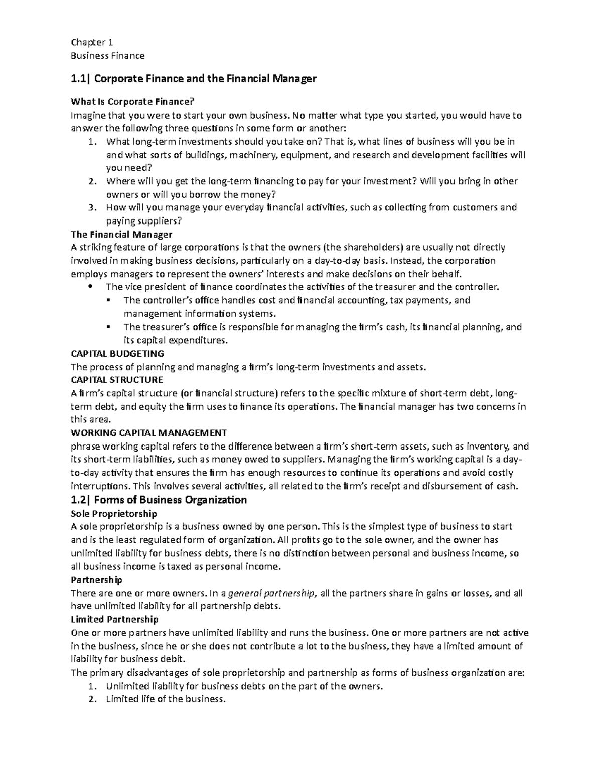 Business Finance - chapter 1 notes - Chapter 1 Business Finance 1 ...
