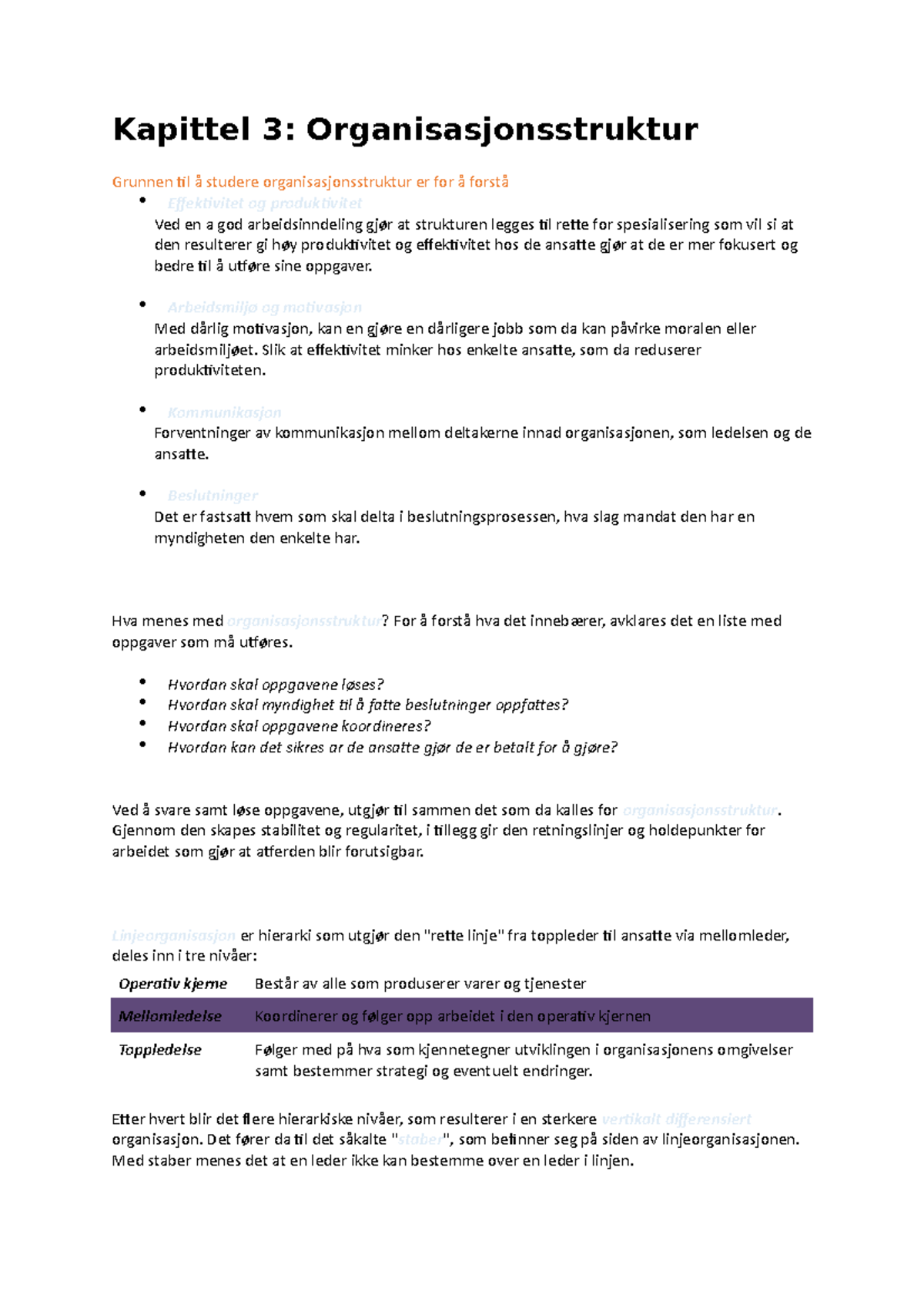 Kapittel 3- Organisasjonsstruktur - ORG1001 - Studocu