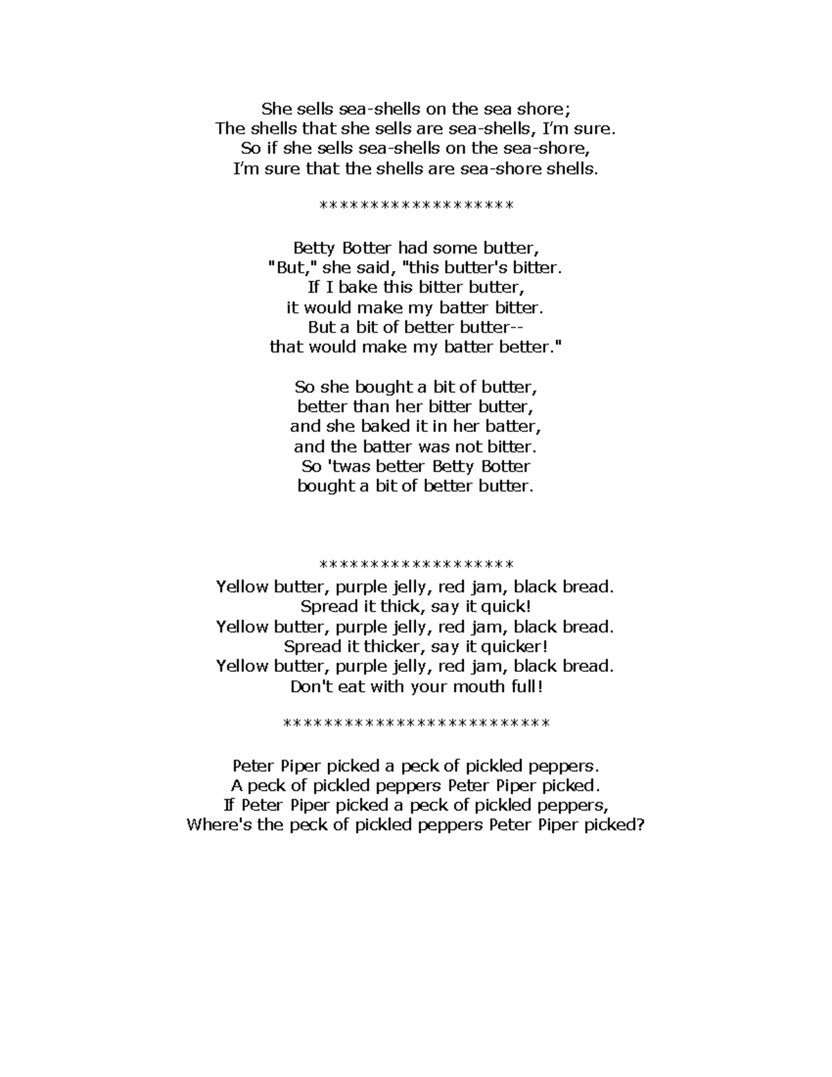 Tongue twisters - She sells sea-shells on the sea shore; The shells ...