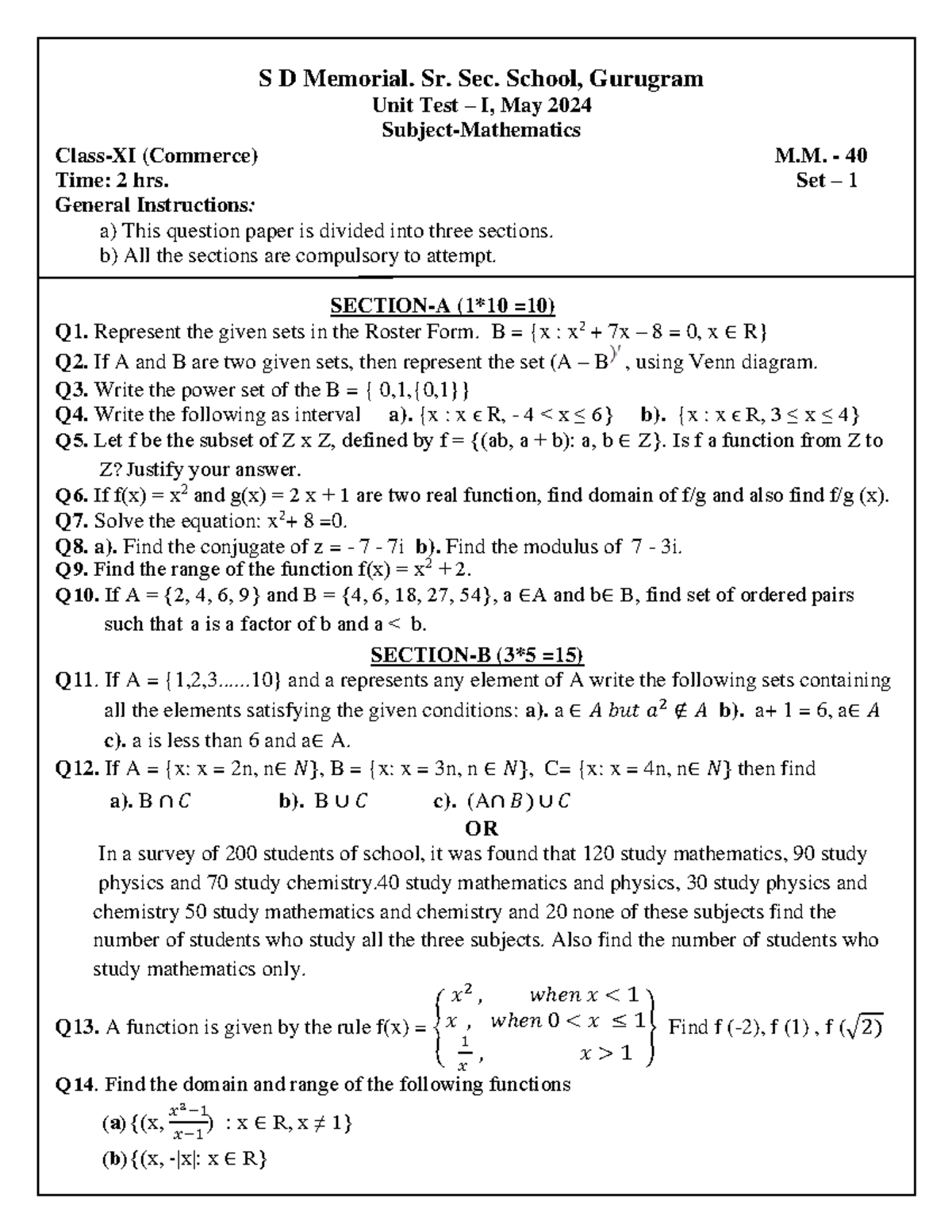 Class XI Maths UT 1 SET 2 - Jwjej - S D Memorial. Sr. Sec. School ...